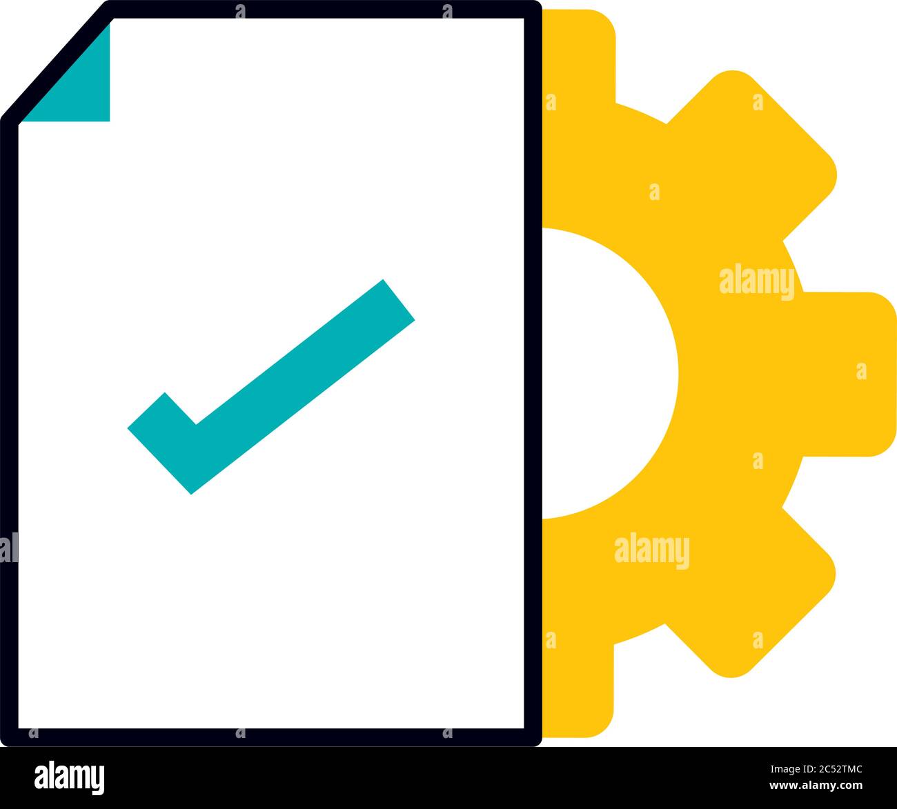 document with check mark and gear wheel icon over white background ...
