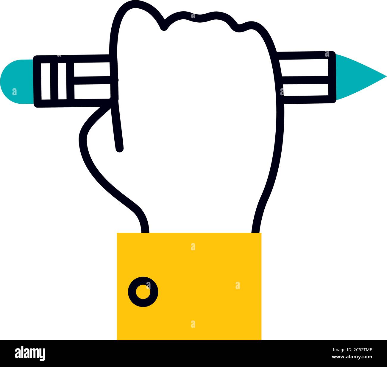 hand grabbing a pencil icon over white background, half line half color ...