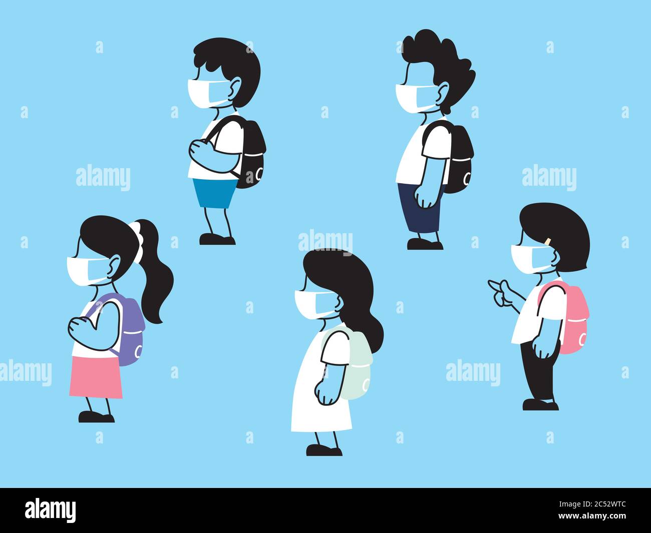 set of kids wearing face mask and social distancing, back to school ...