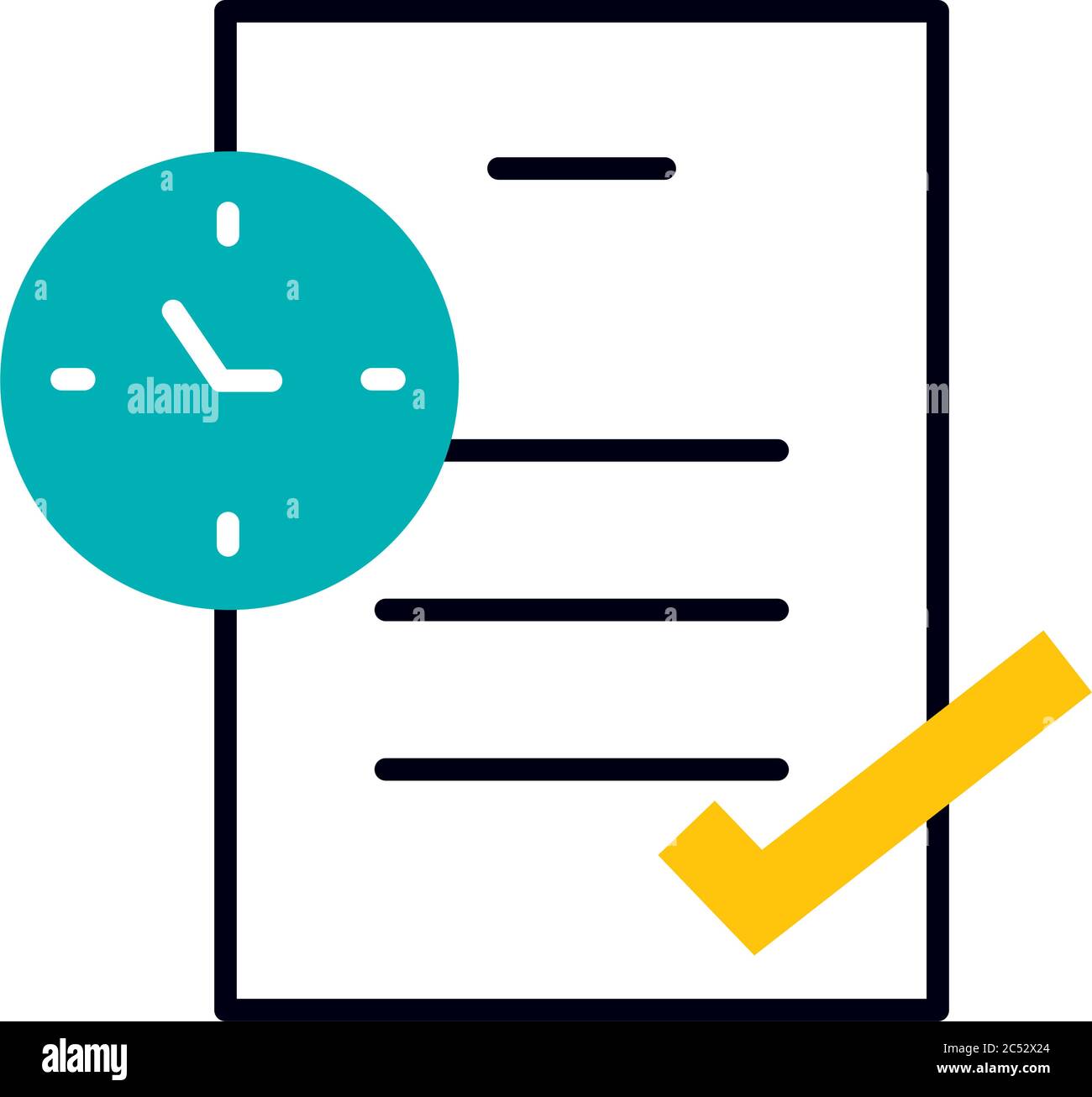 academic exam with clock and check mark icon white background, half ...