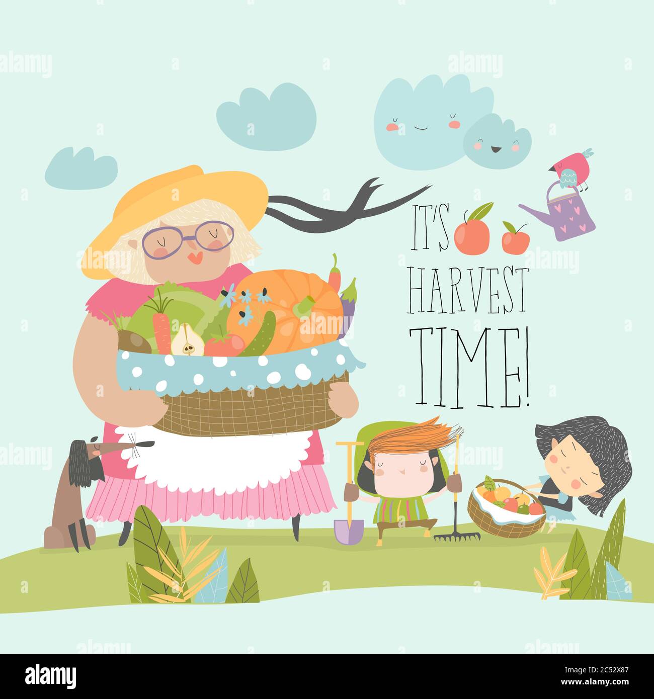 Cartoon grandmother holding basket with vegetables. Harvest time Stock ...