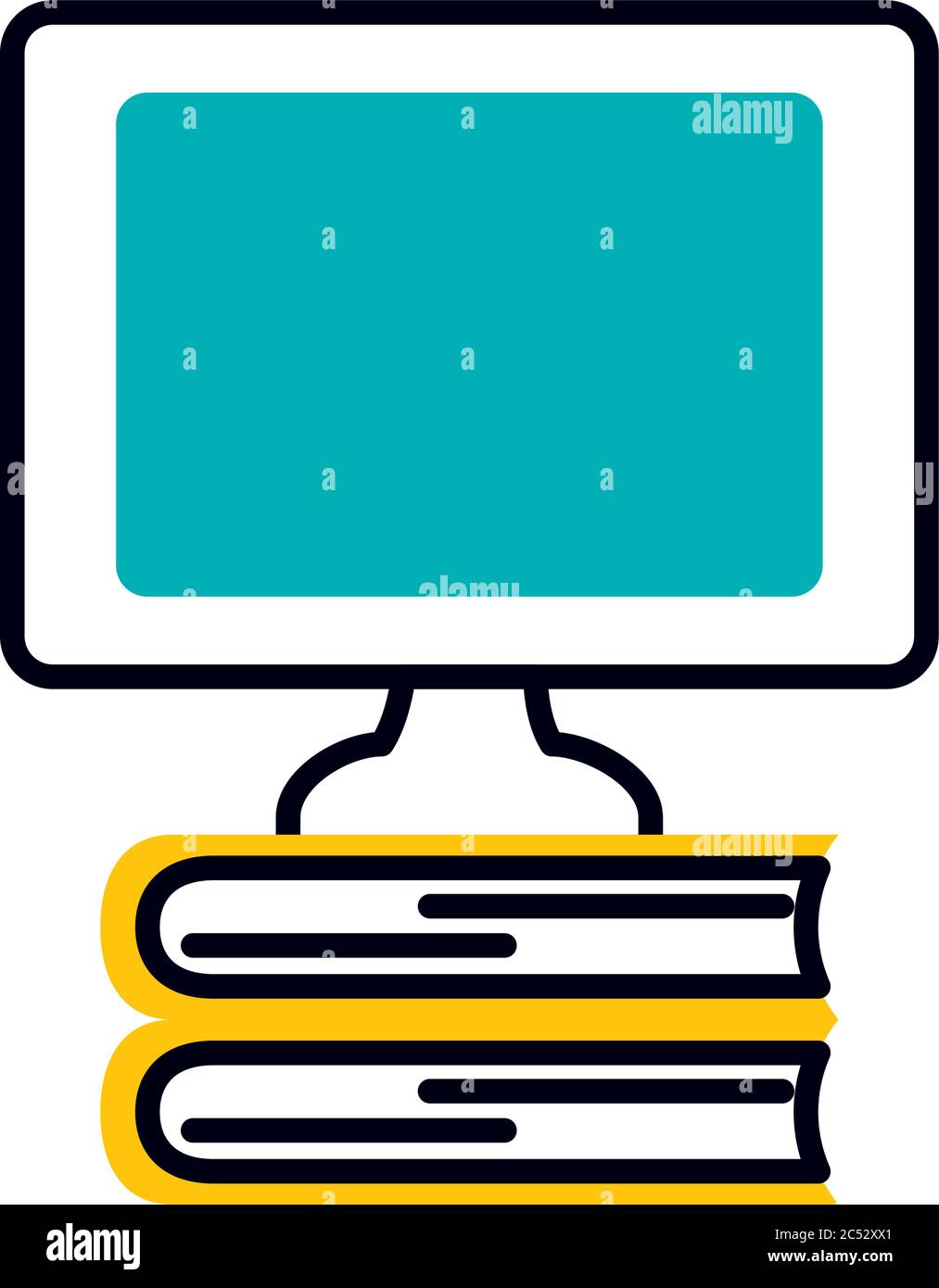 computer monitor on books stack icon over white background, half line ...