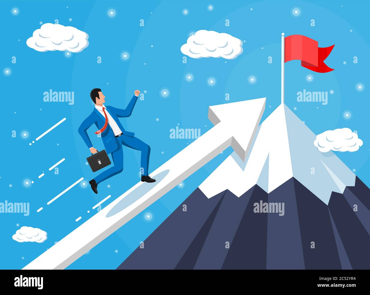 Businessman on chart ladder is fast running with waving necktie and ...