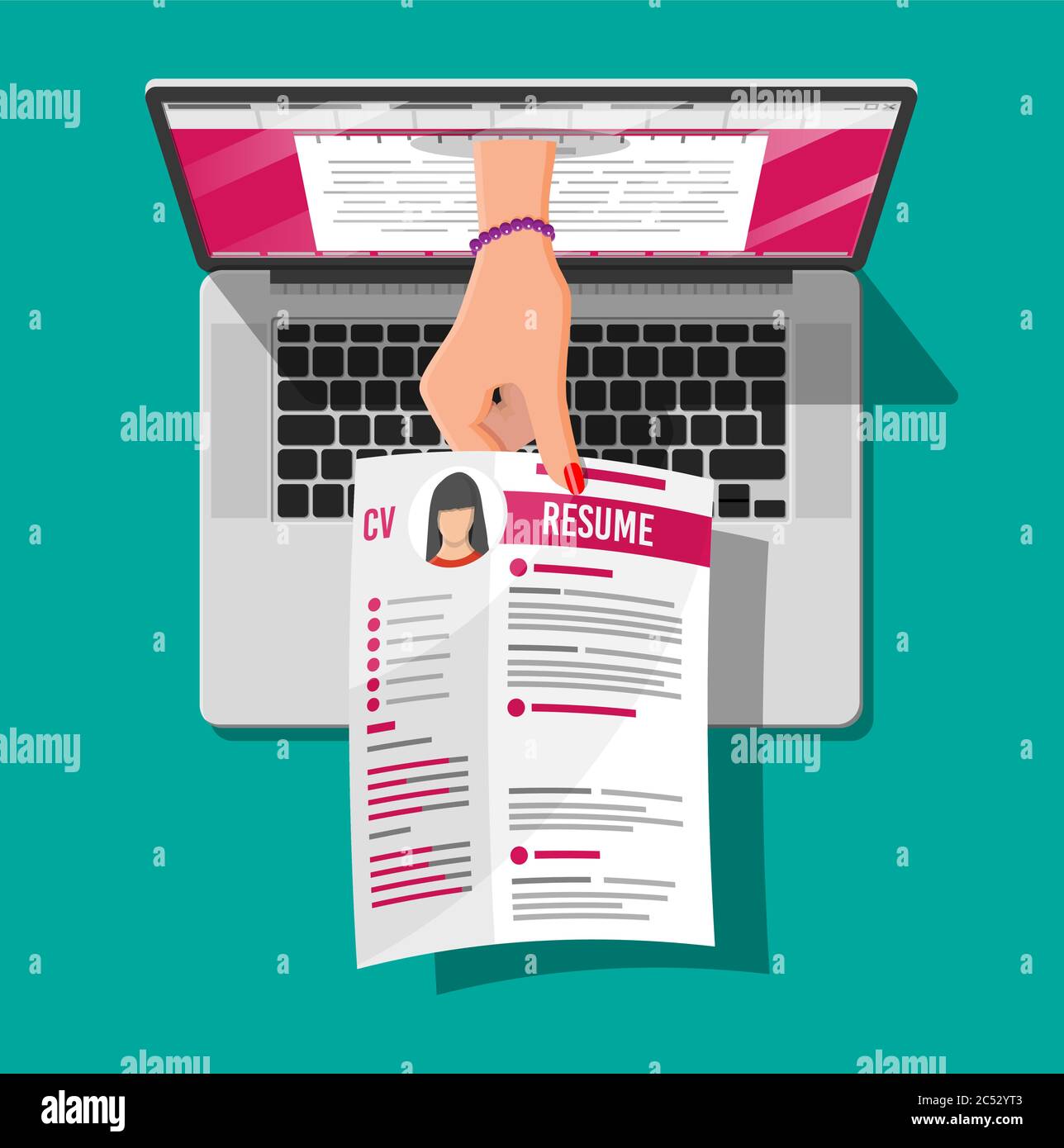 Job resume document out from laptop. Hand holding cv resume papers ...