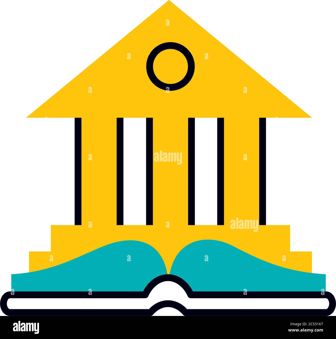 school building and academic book icon over white background, half line ...
