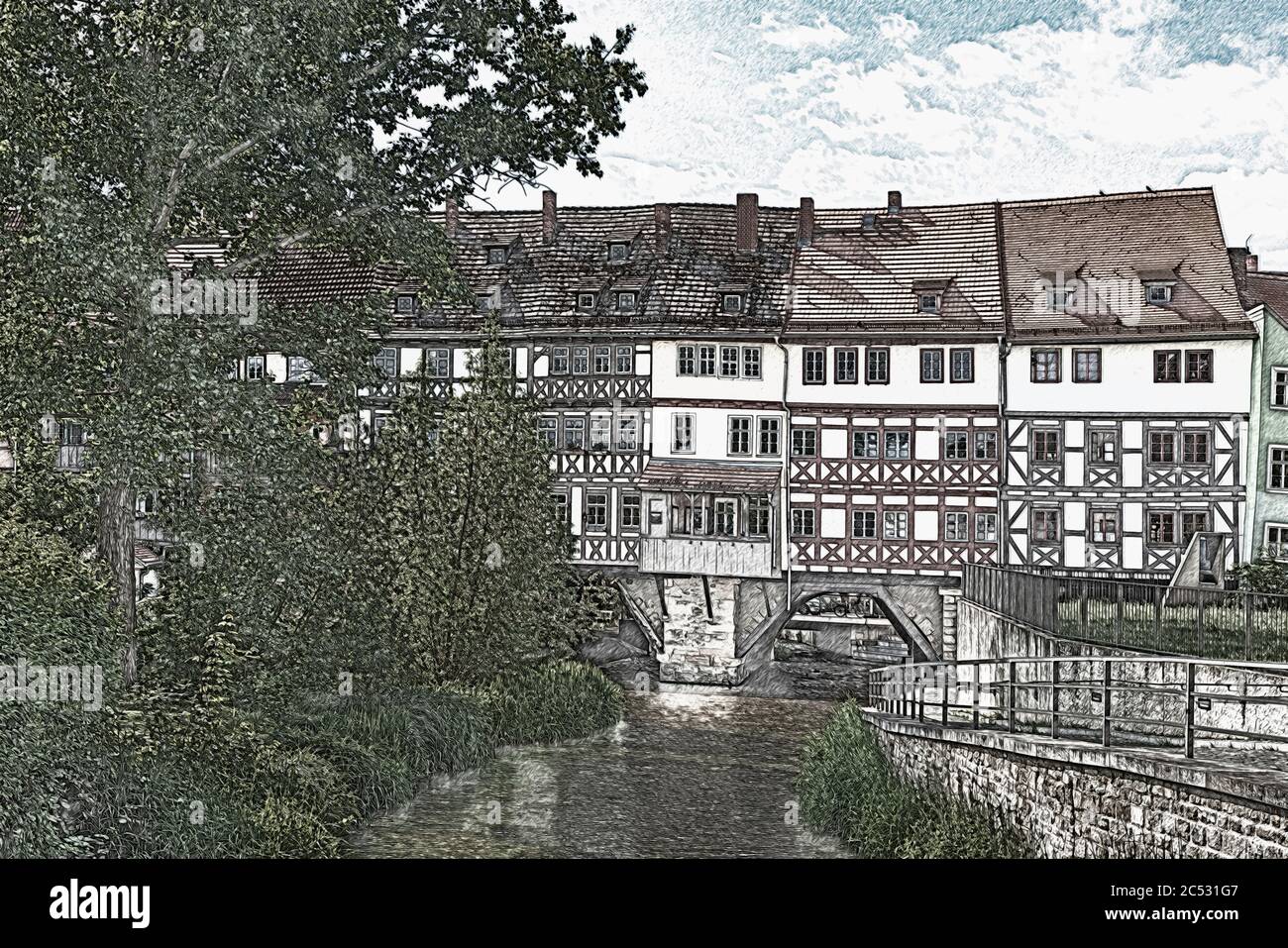 View over the river Gera to the houses of the Kraemerbruecke. The ...