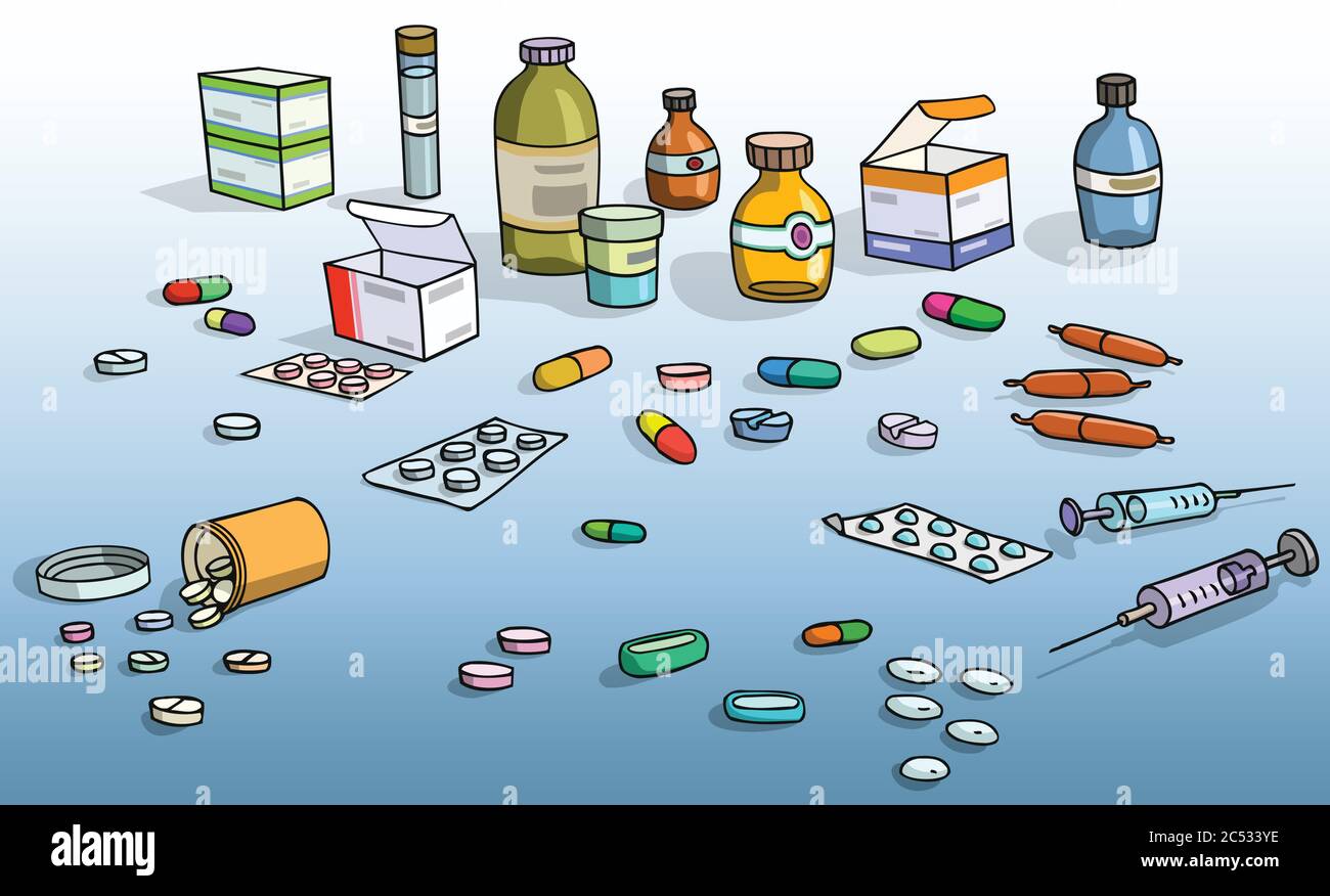 Group of medical drugs. Assorted medication. Vector illustration Stock ...