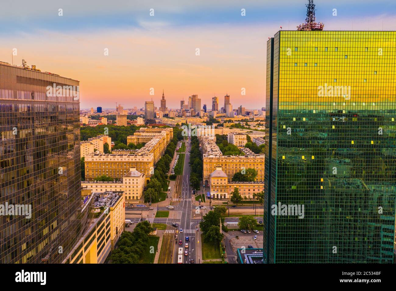 Beautiful panoramic aerial drone view to the Center of modern Warsaw ...