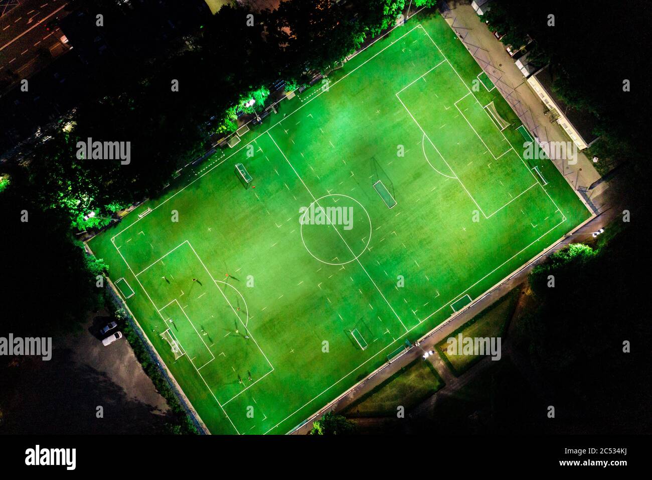 Evening football stadium in evening, aerial view from drone Stock Photo ...