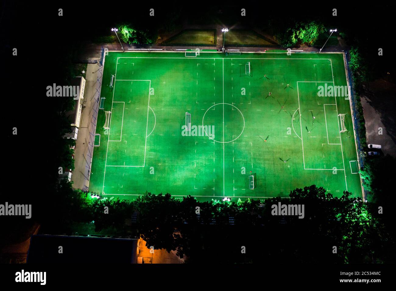 Evening football stadium in evening, aerial view from drone Stock Photo ...