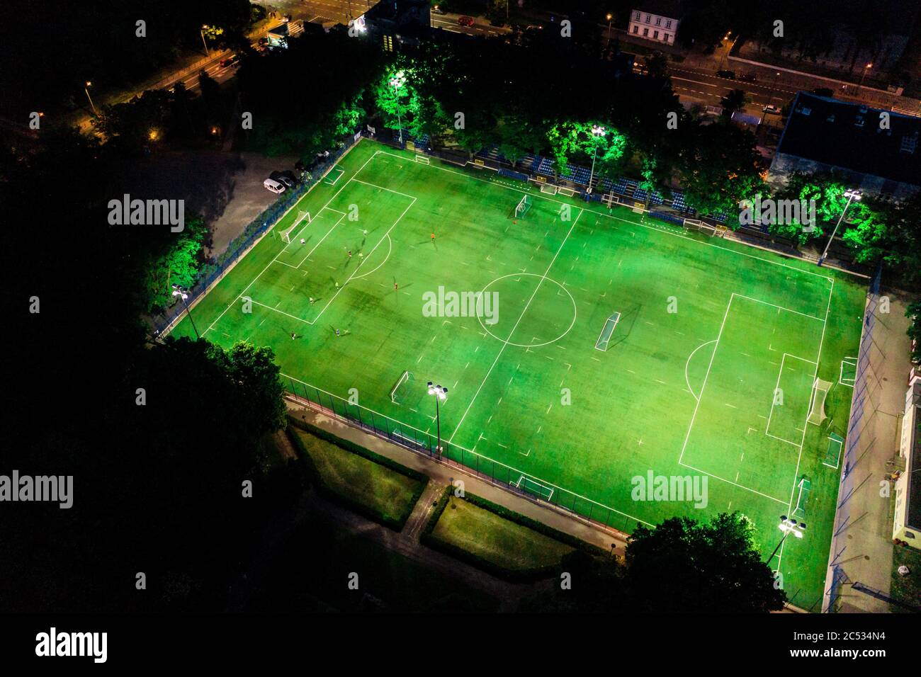 Evening football stadium in evening, aerial view from drone Stock Photo ...