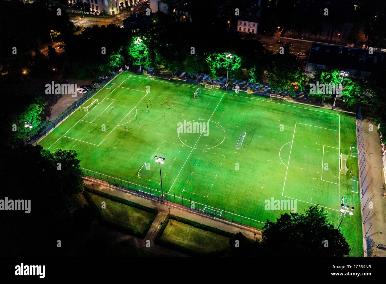 Evening football stadium in evening, aerial view from drone Stock Photo ...
