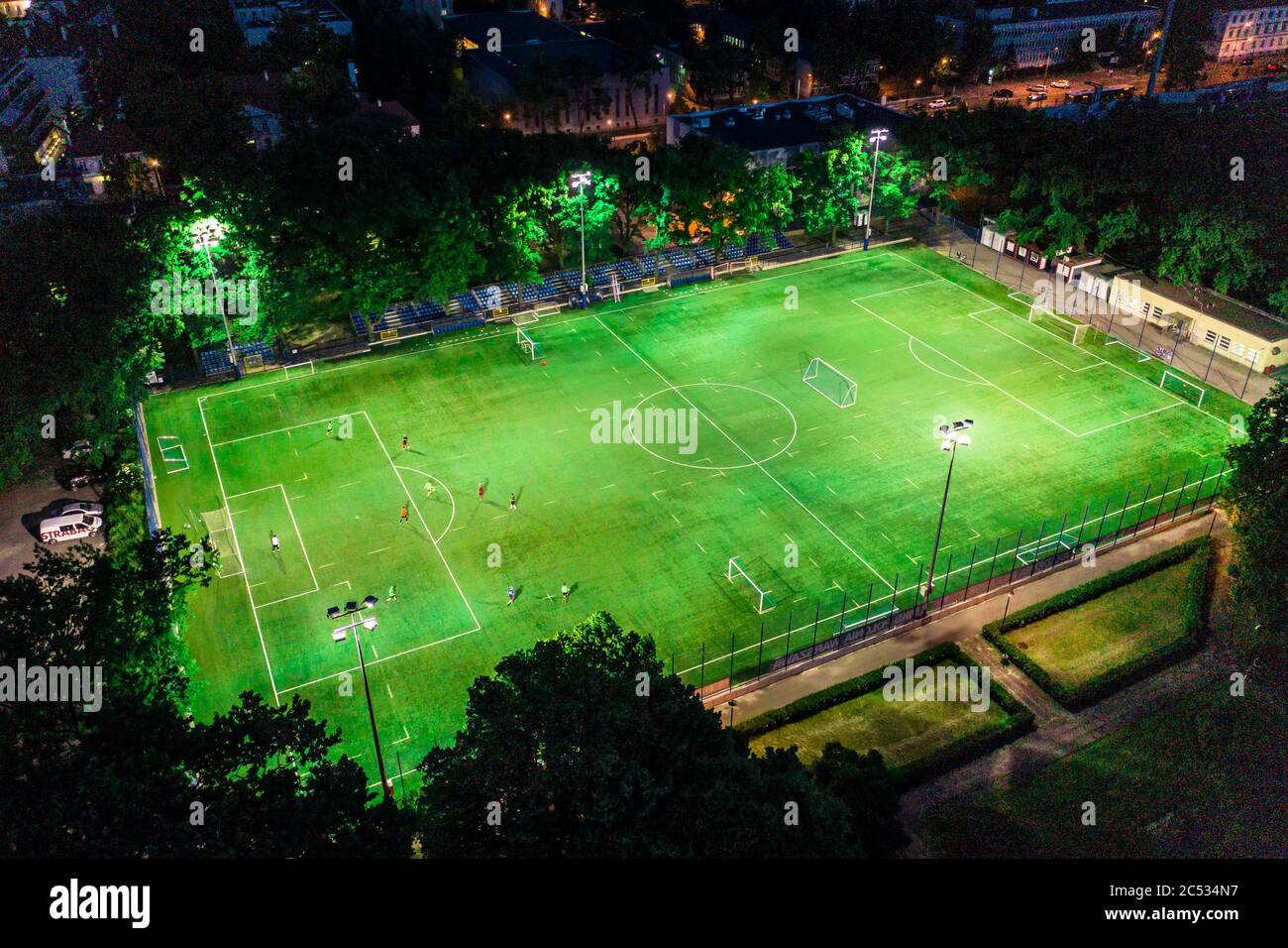 Evening football stadium in evening, aerial view from drone Stock Photo ...