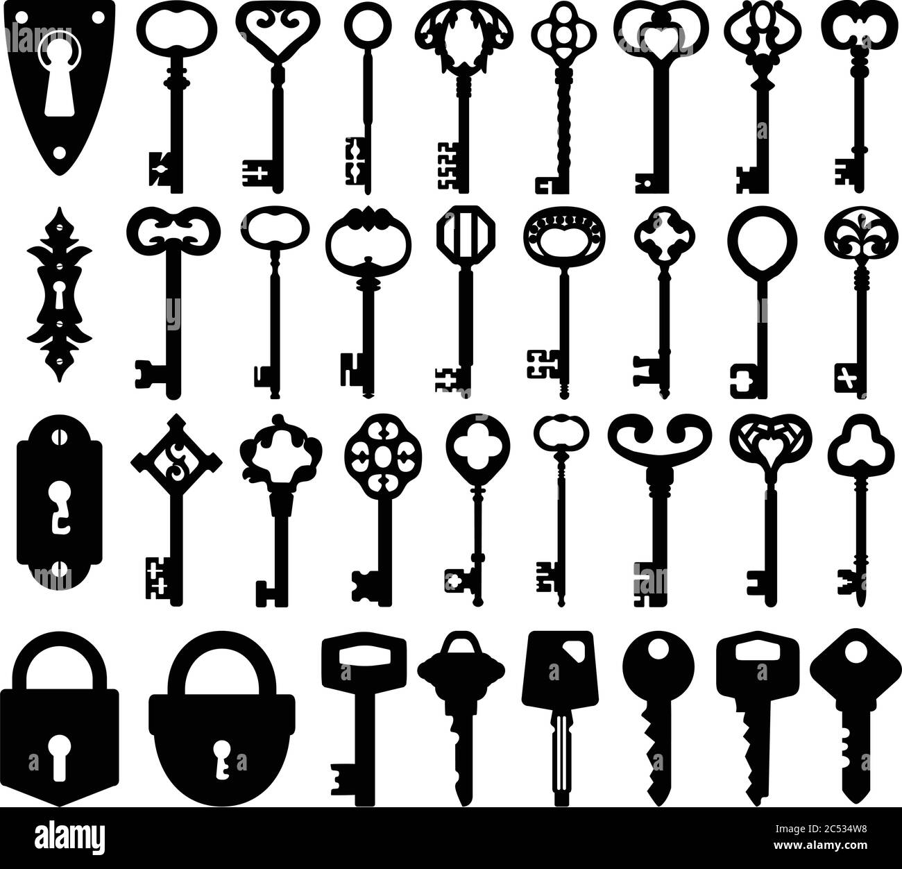 Set of keyholes, modern keys, decorative old keys and locks icons ...
