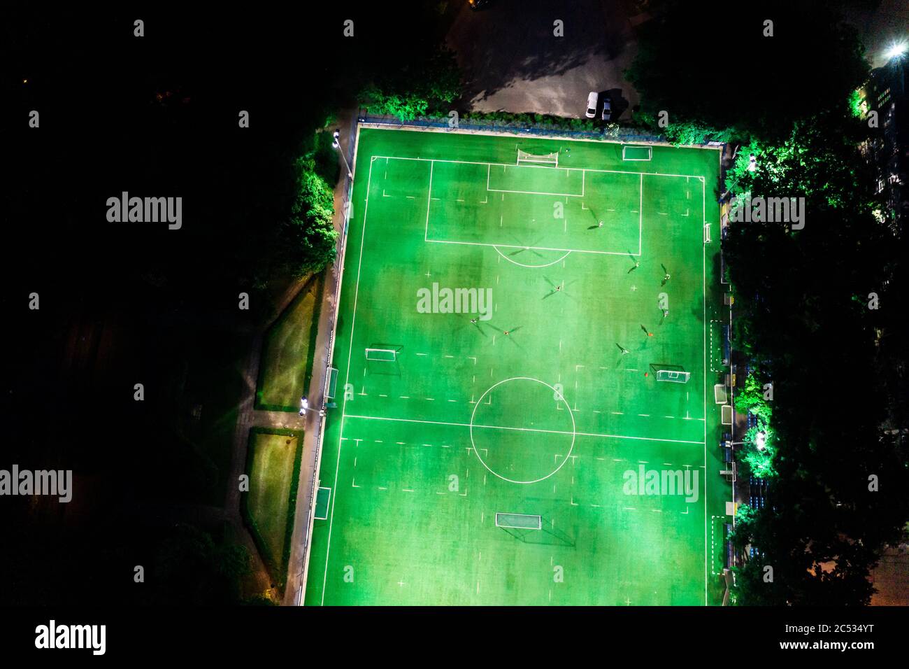 Evening football stadium in evening, aerial view from drone Stock Photo ...