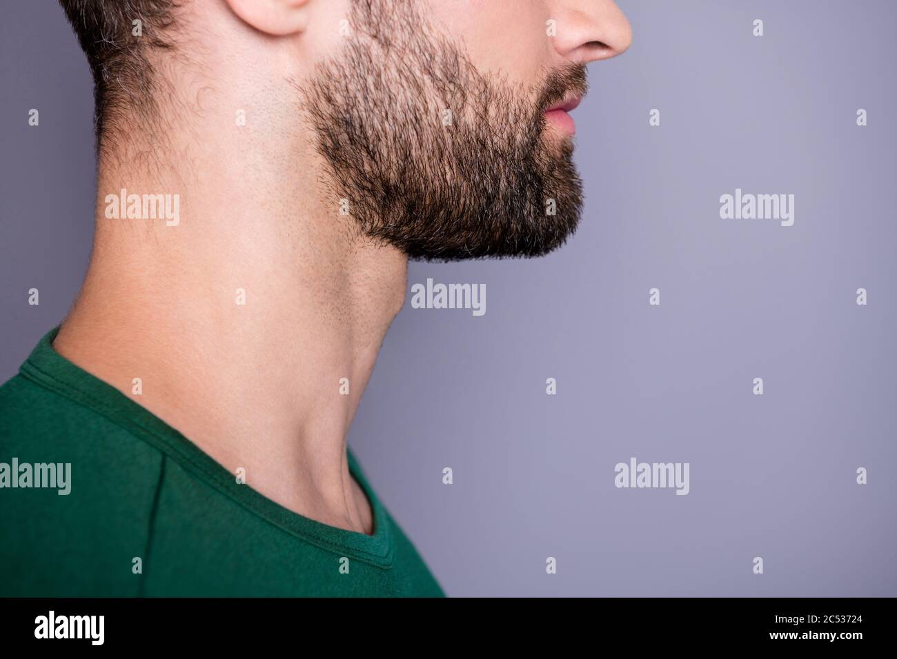 Profile side cropped close up photo of minded pensive guy look ...