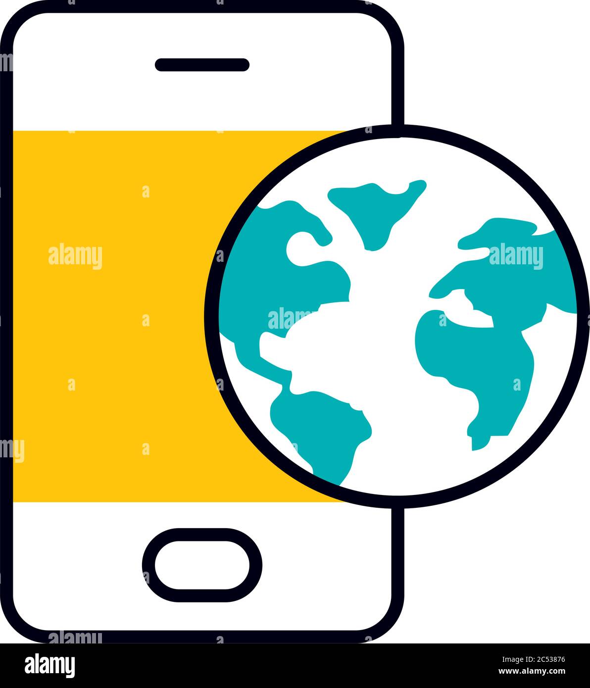 smartphone with global sphere icon over white background, half line ...