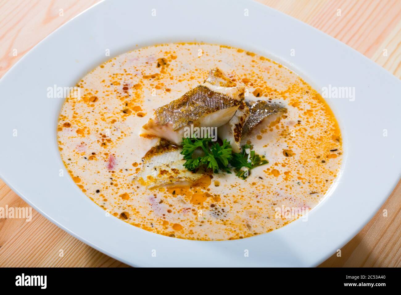 Cod chowder with vegetables - dish of Norwegian cuisine Stock Photo - Alamy
