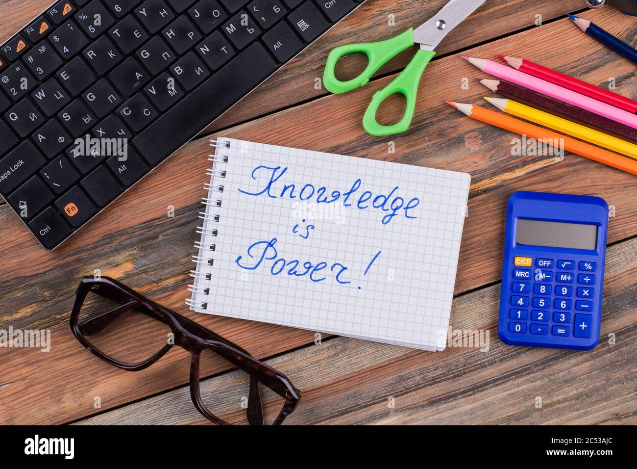 School homework accessories and knowledge is power slogan Stock Photo ...