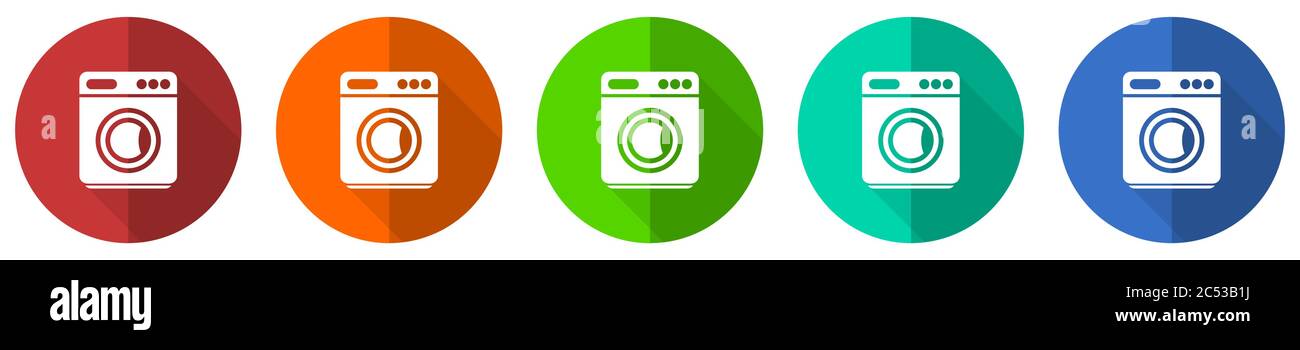 Laundry, machine, washer, icon set, red, blue, green and orange flat ...