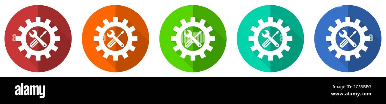 Repair, industry, service concept icon set, red, blue, green and orange ...