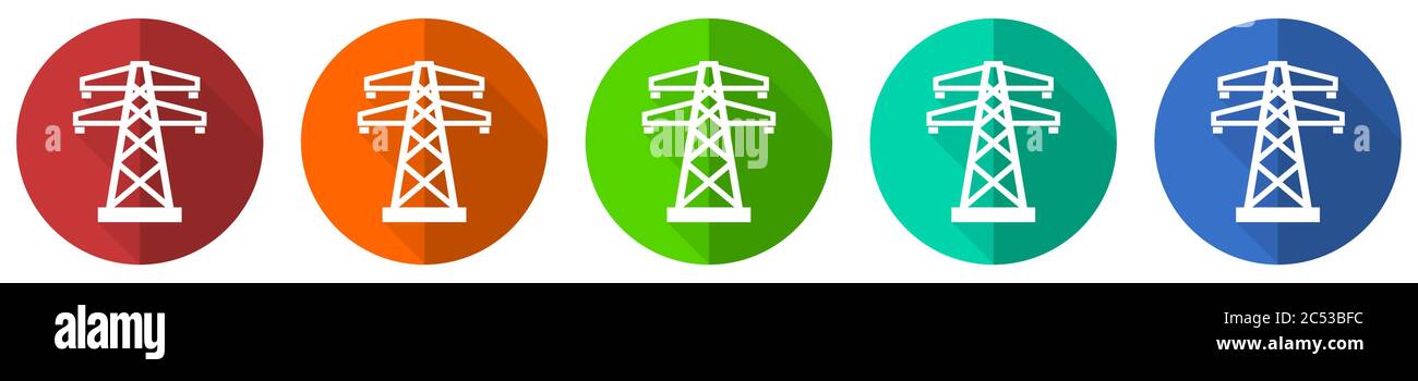 Power, energy tower icon set, red, blue, green and orange flat design ...
