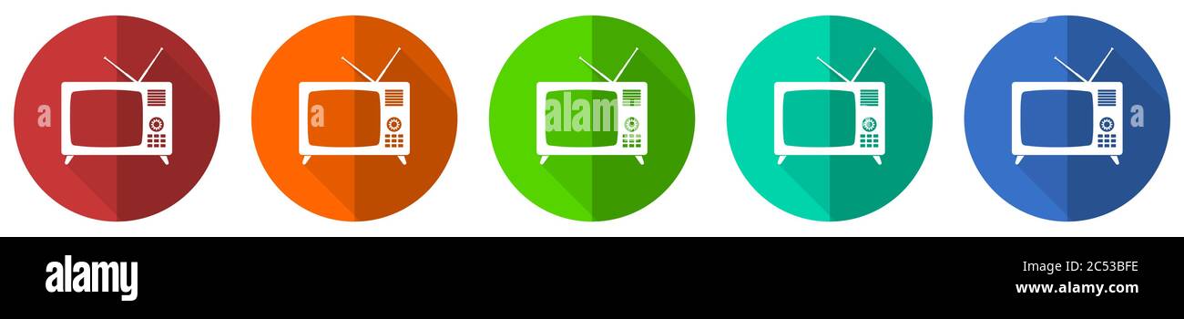 Retro television icon set, tv and video screen, red, blue, green and ...