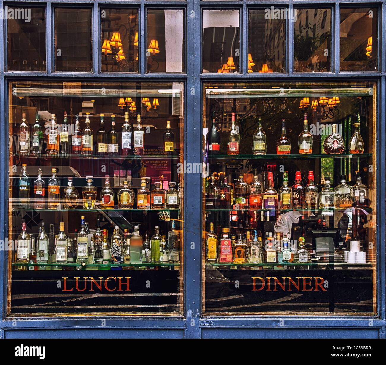 New York City, USA, May 2019, close up of a bar window with some ...