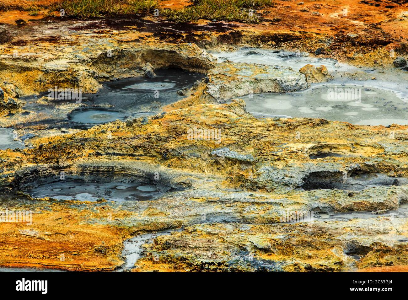 Solfataras, fumaroles, mud pots, mud pools, sulfur and other minerals ...