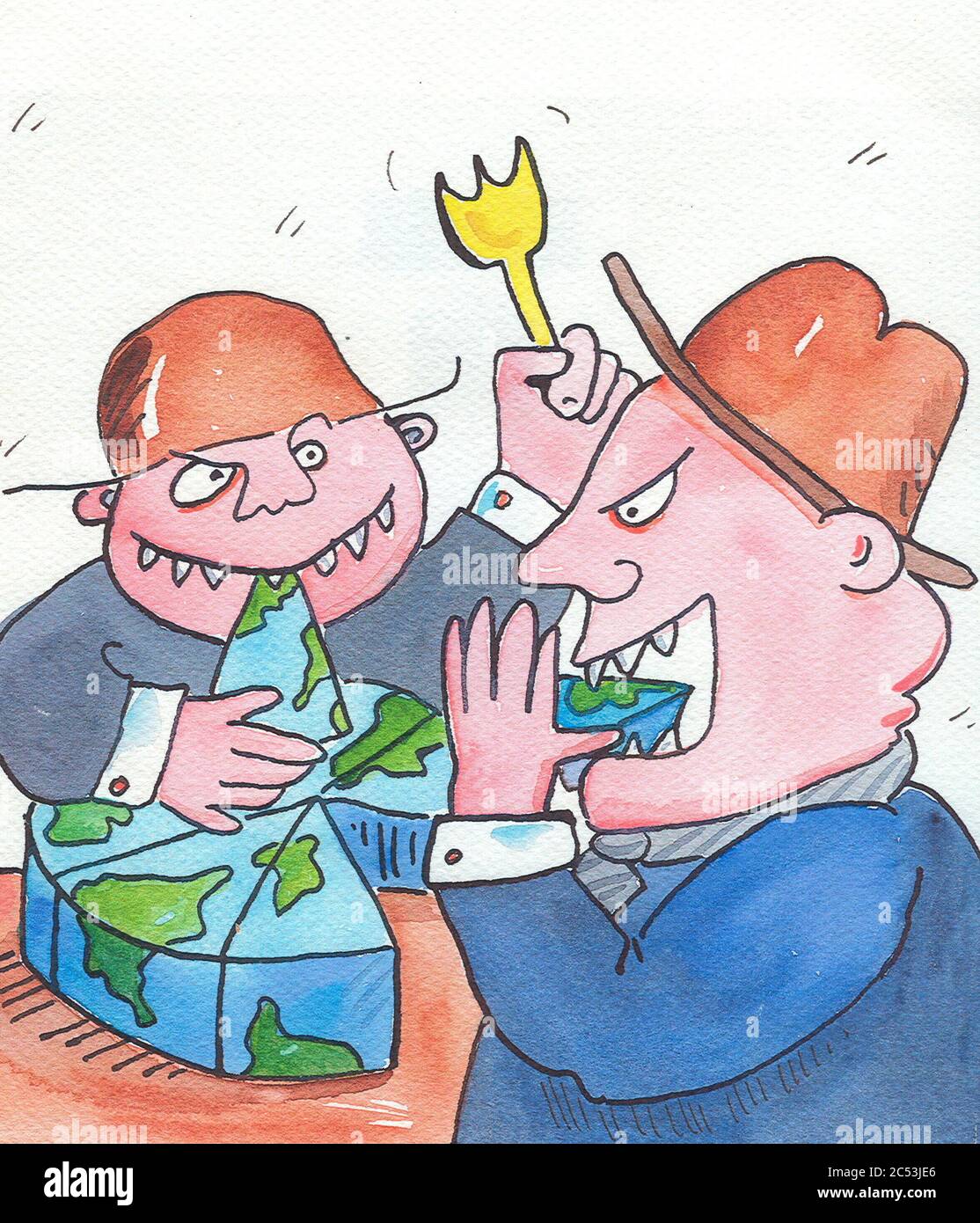 Illustration, two men eat the world as a cake Stock Photo - Alamy