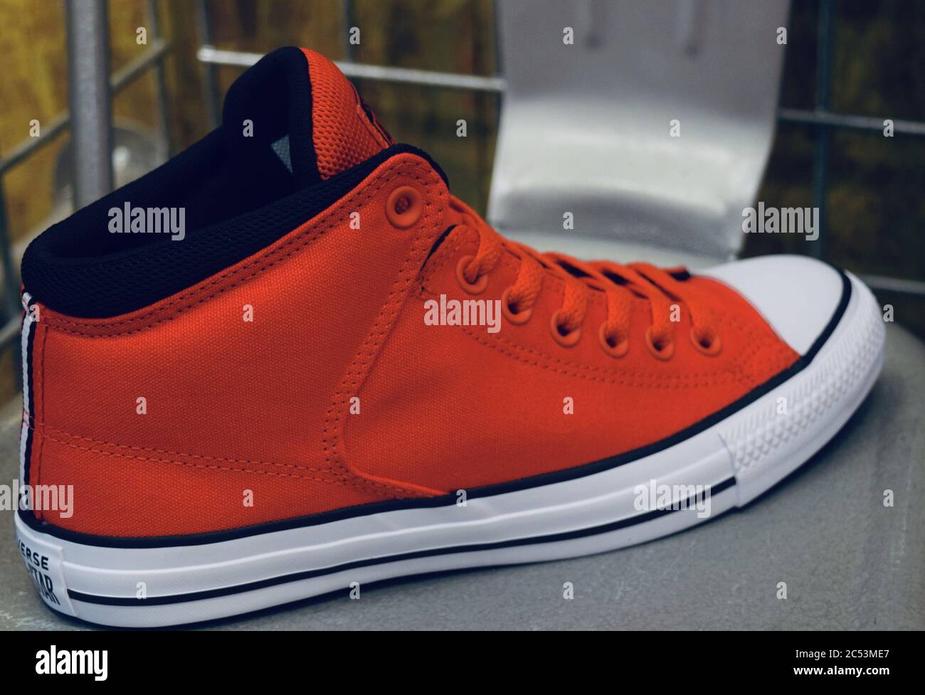 FRESNO, UNITED STATES - Jun 08, 2020: An all red mens high top sneaker ...