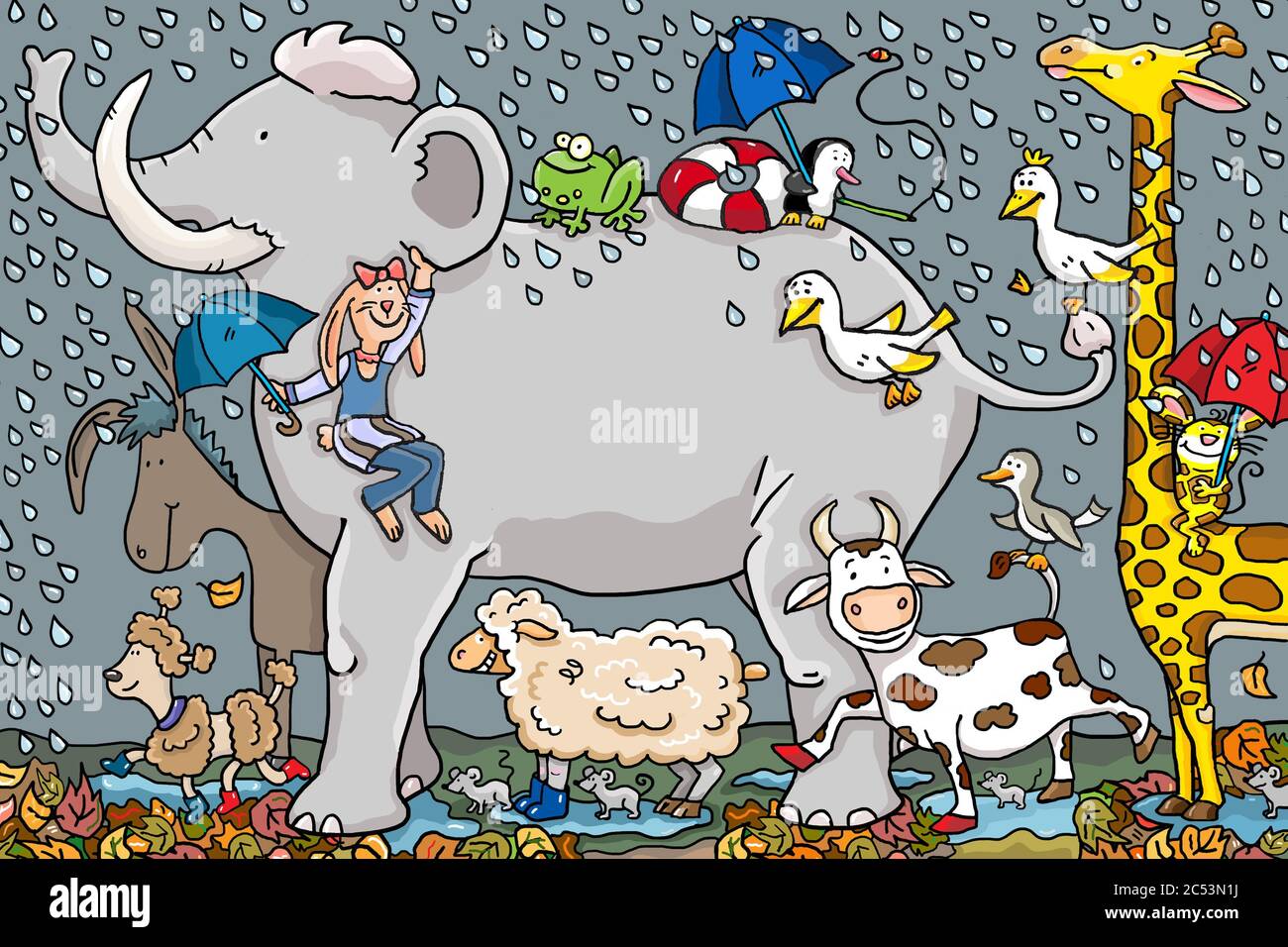 Illustration, animals in the rain Stock Photo - Alamy