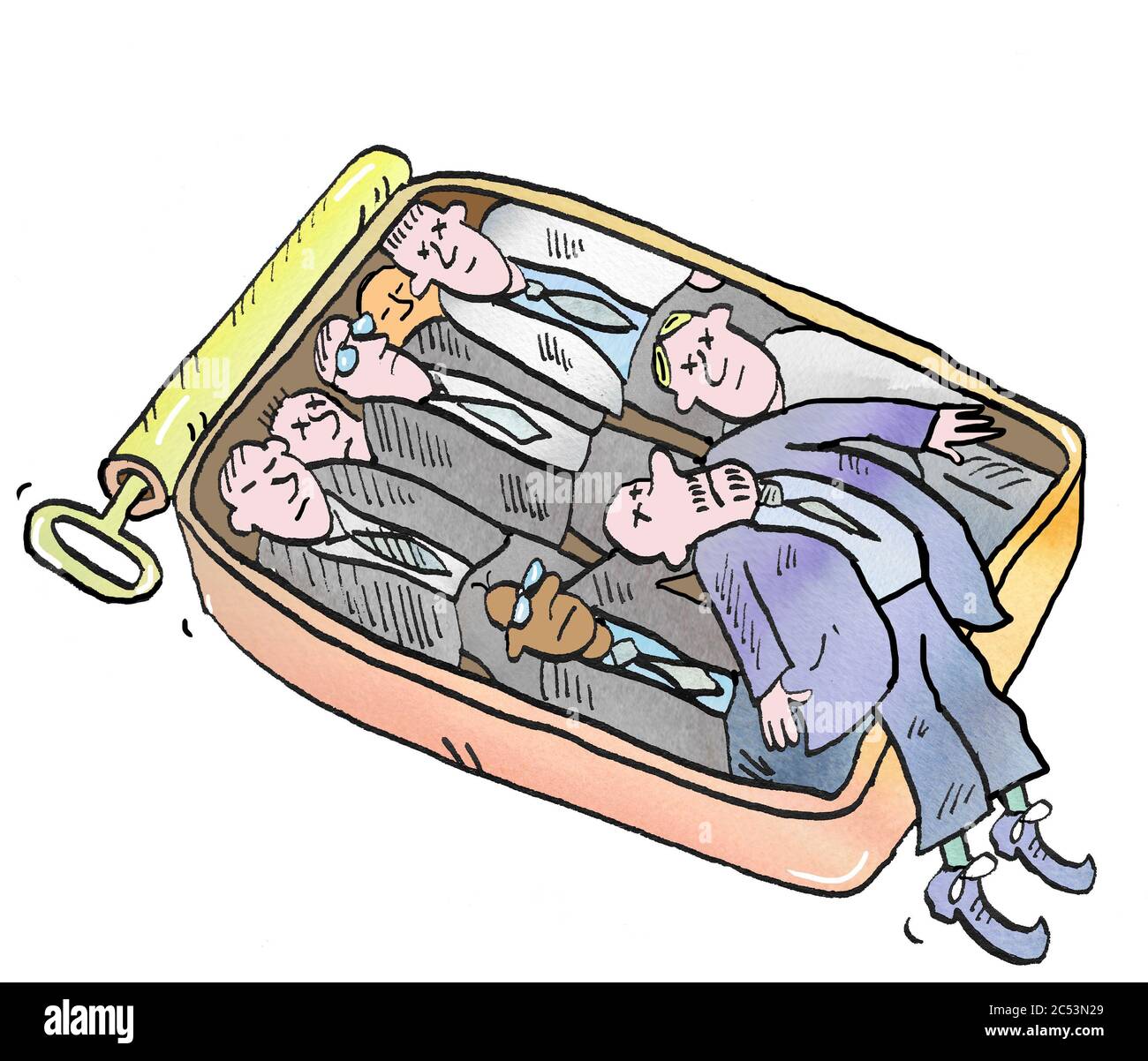 Illustration, sardine can with workers Stock Photo - Alamy