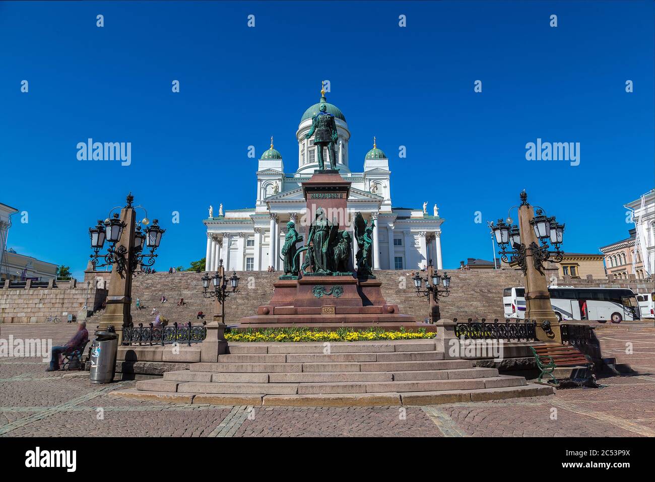 Helsinki Cathedral and the statue of tsar Alexander II in a beautiful ...
