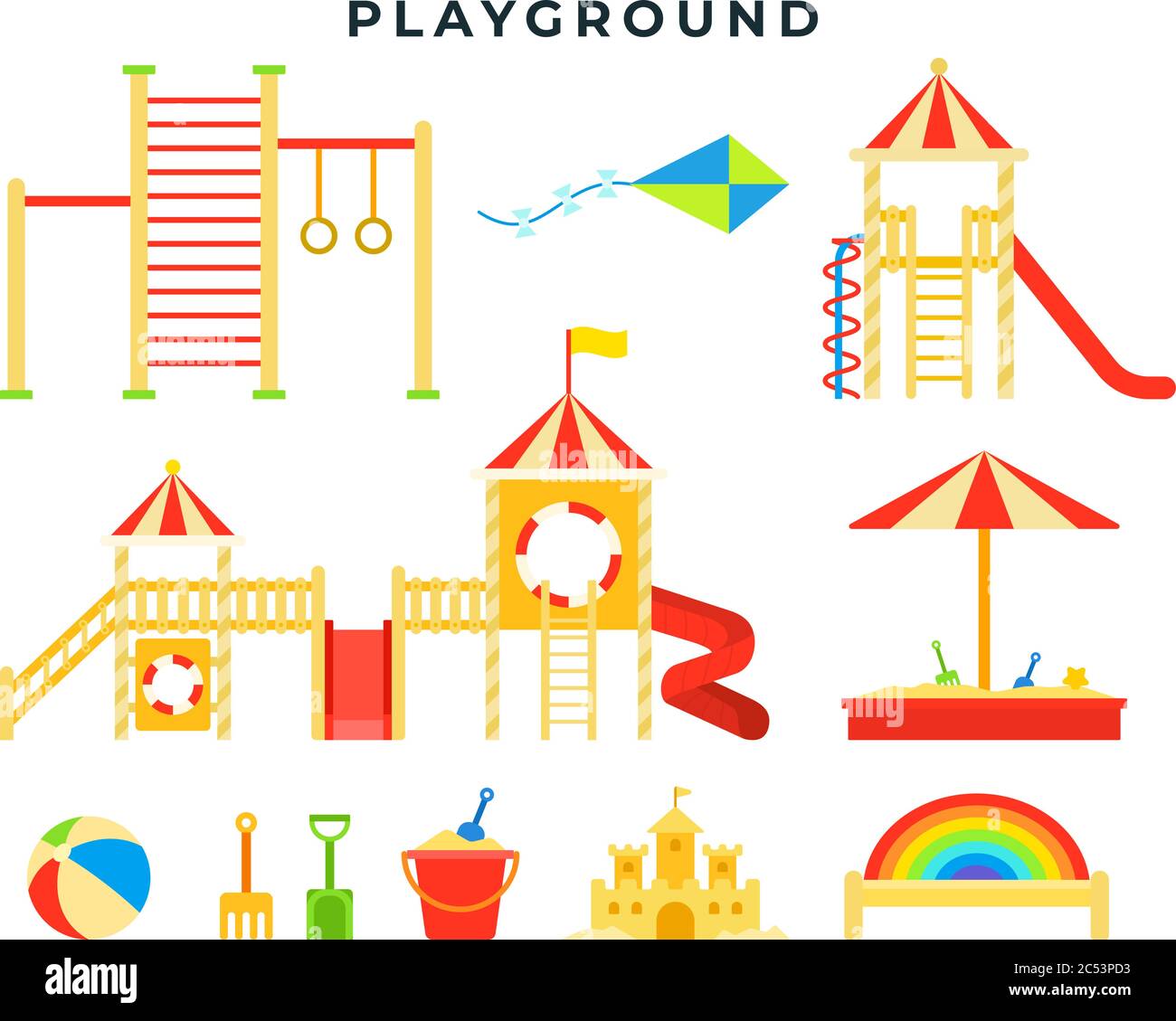 Children entertainment playground with sandbox, slide, horizontal bar ...