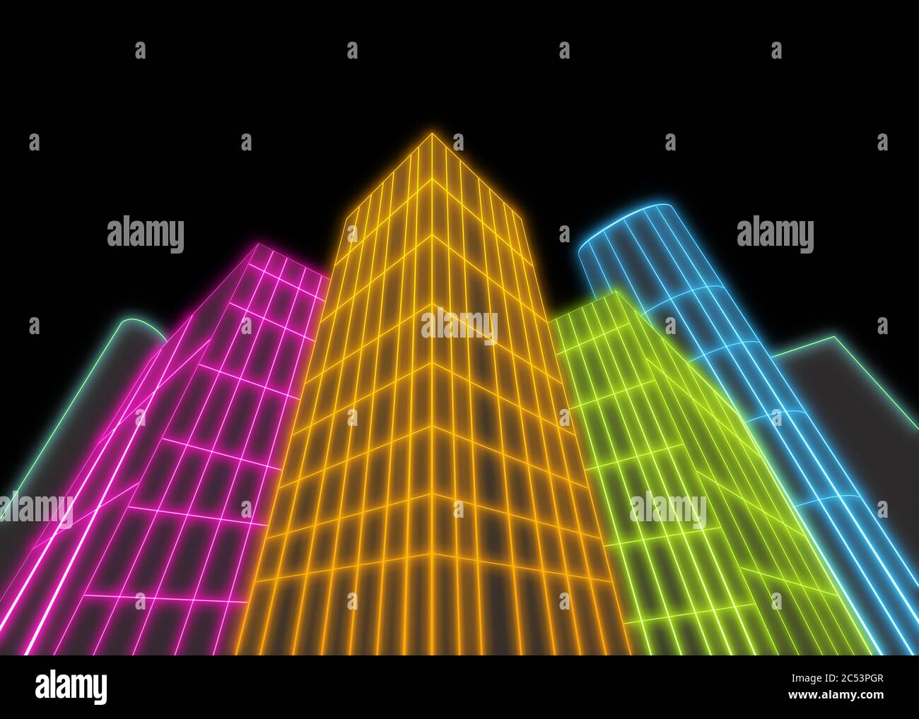 Skyscrapers with neon glowing grid over dark night background Stock ...