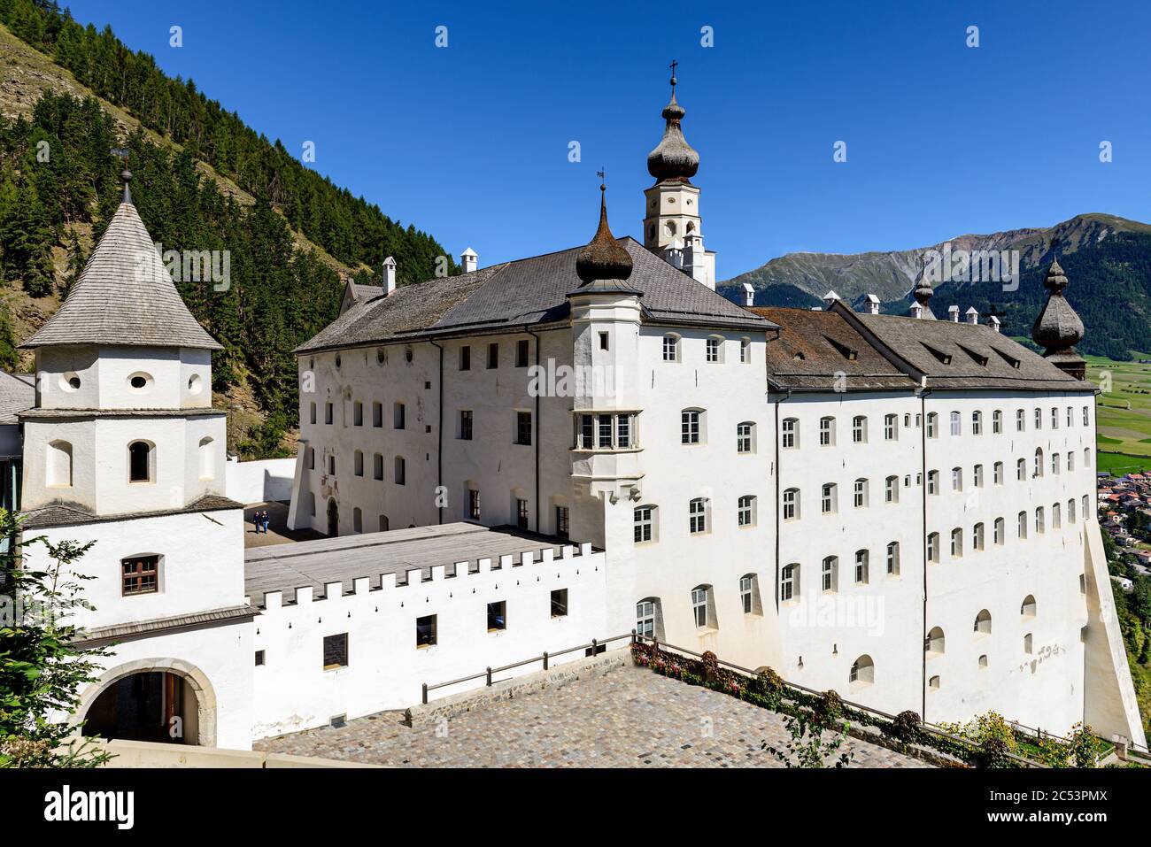 Monastery, abbey, bulwark, facade, blue sky, summer, church tower Stock ...