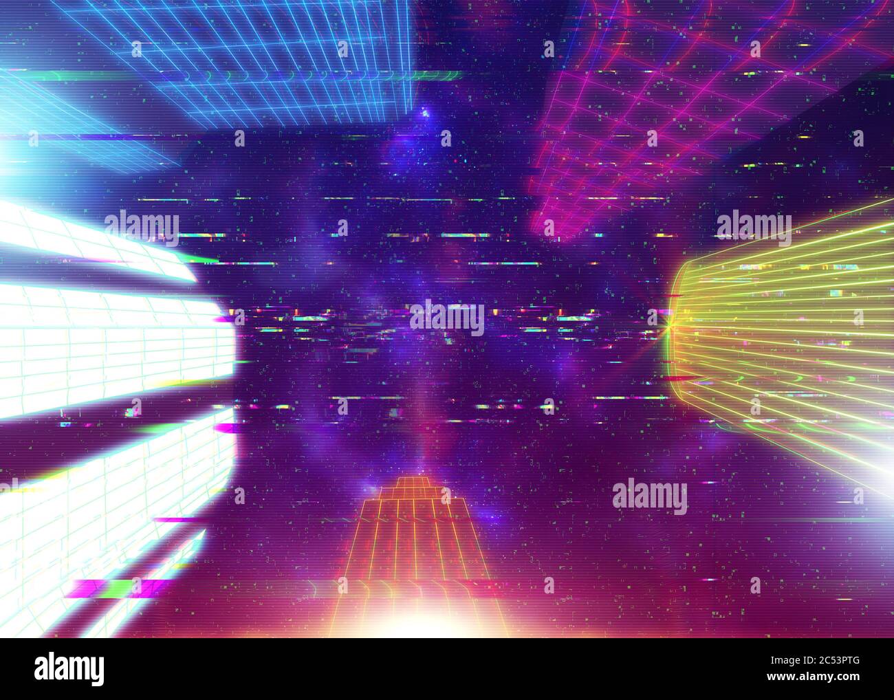 Skyscrapers with neon glowing grid over dark night background Stock ...