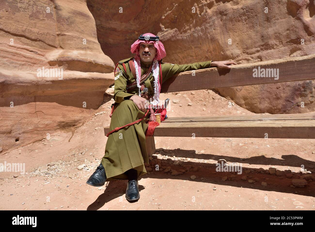 PETRA, JORDAN - APR 01, 2015: Jordanian soldier guards Petra, Jordan ...
