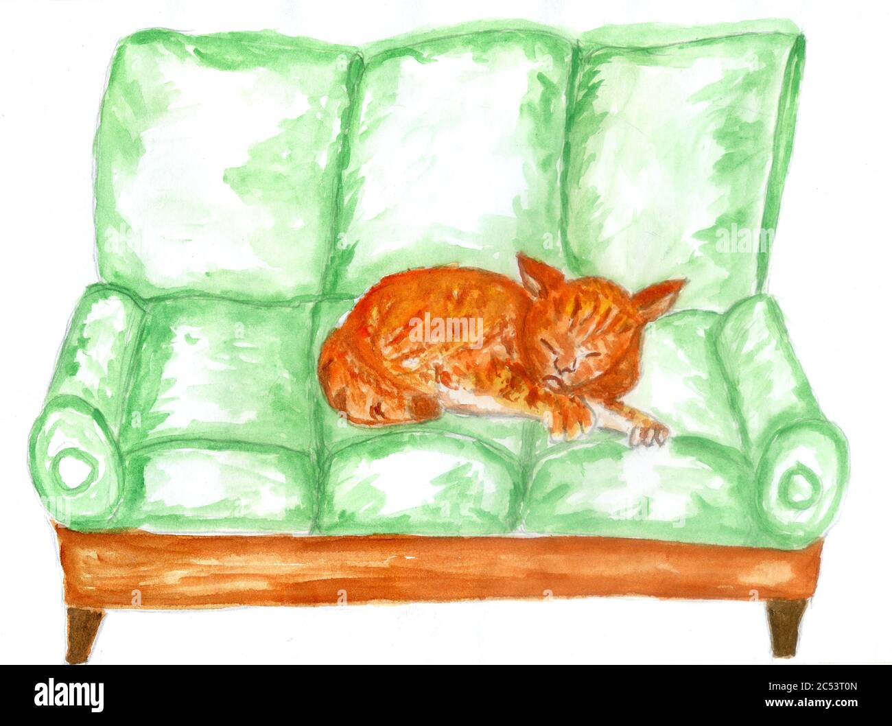 Hand drawn sketch of living room with comfort sofa and cat colorful ...