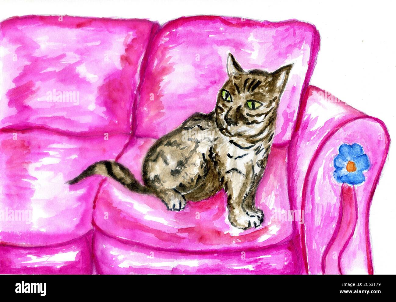 Hand drawn sketch of living room with comfort sofa and cat colorful ...