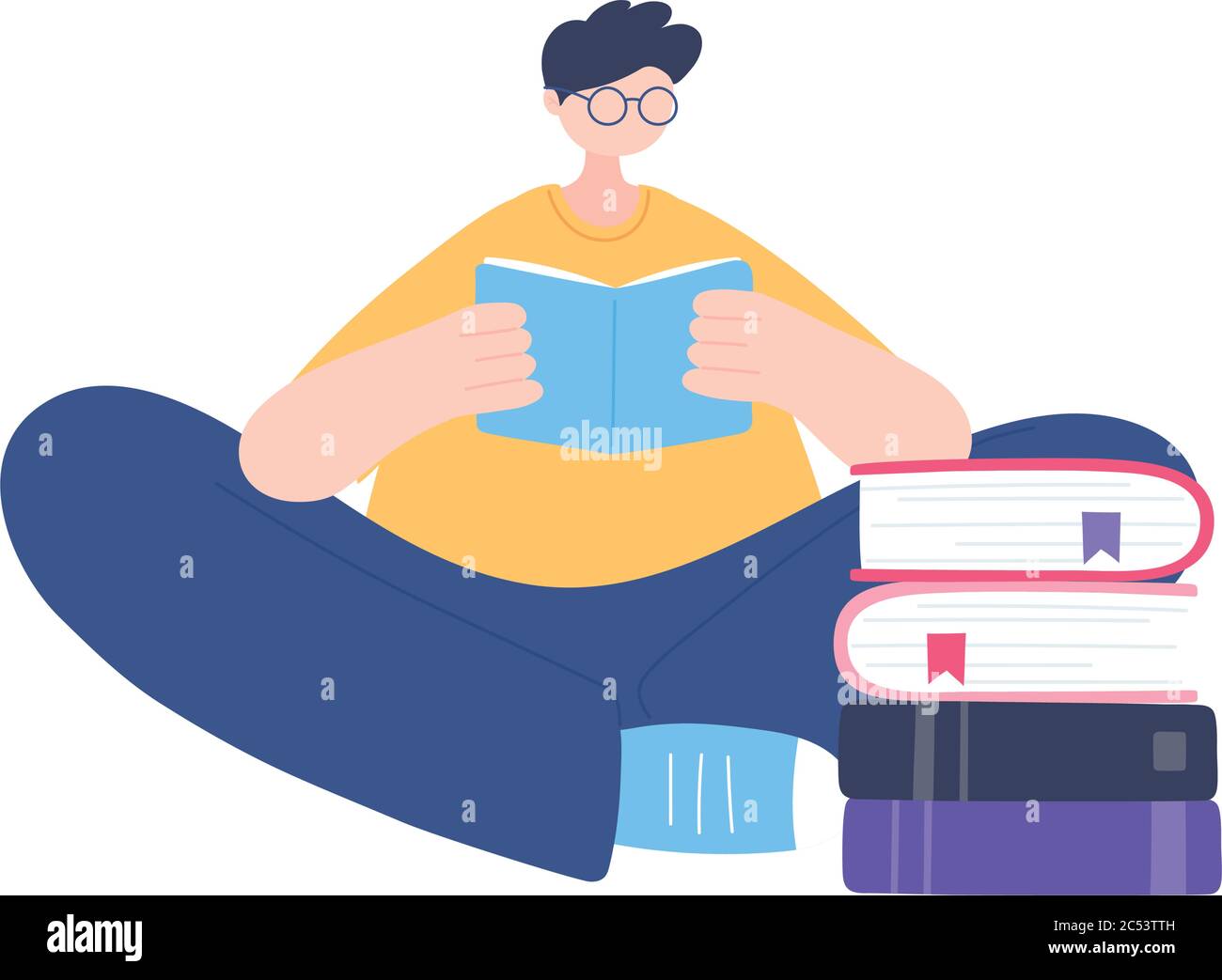 stay at home, man reading book with pile of books, self isolation ...