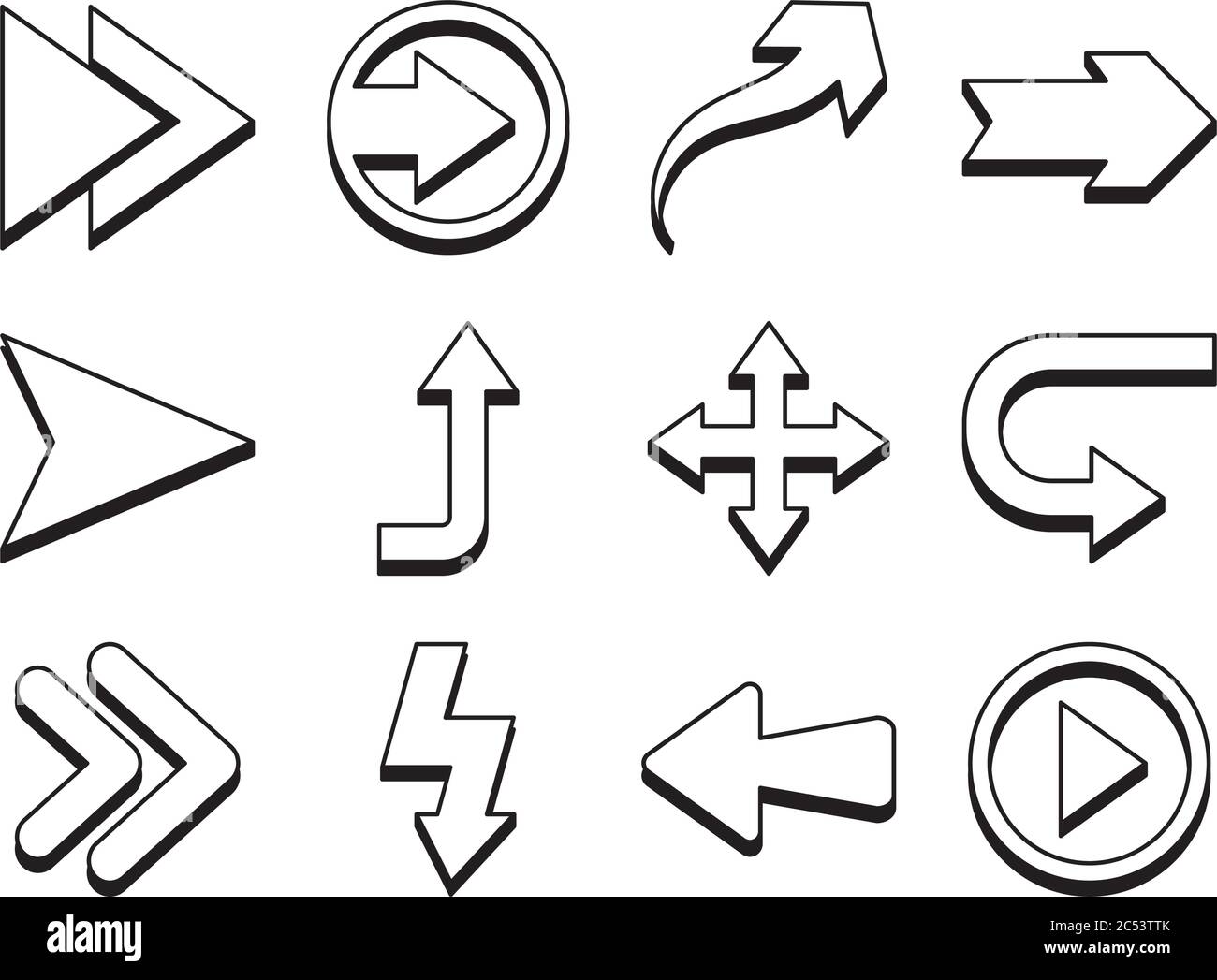 play arrow and arrows symbols icon set over white background, line ...
