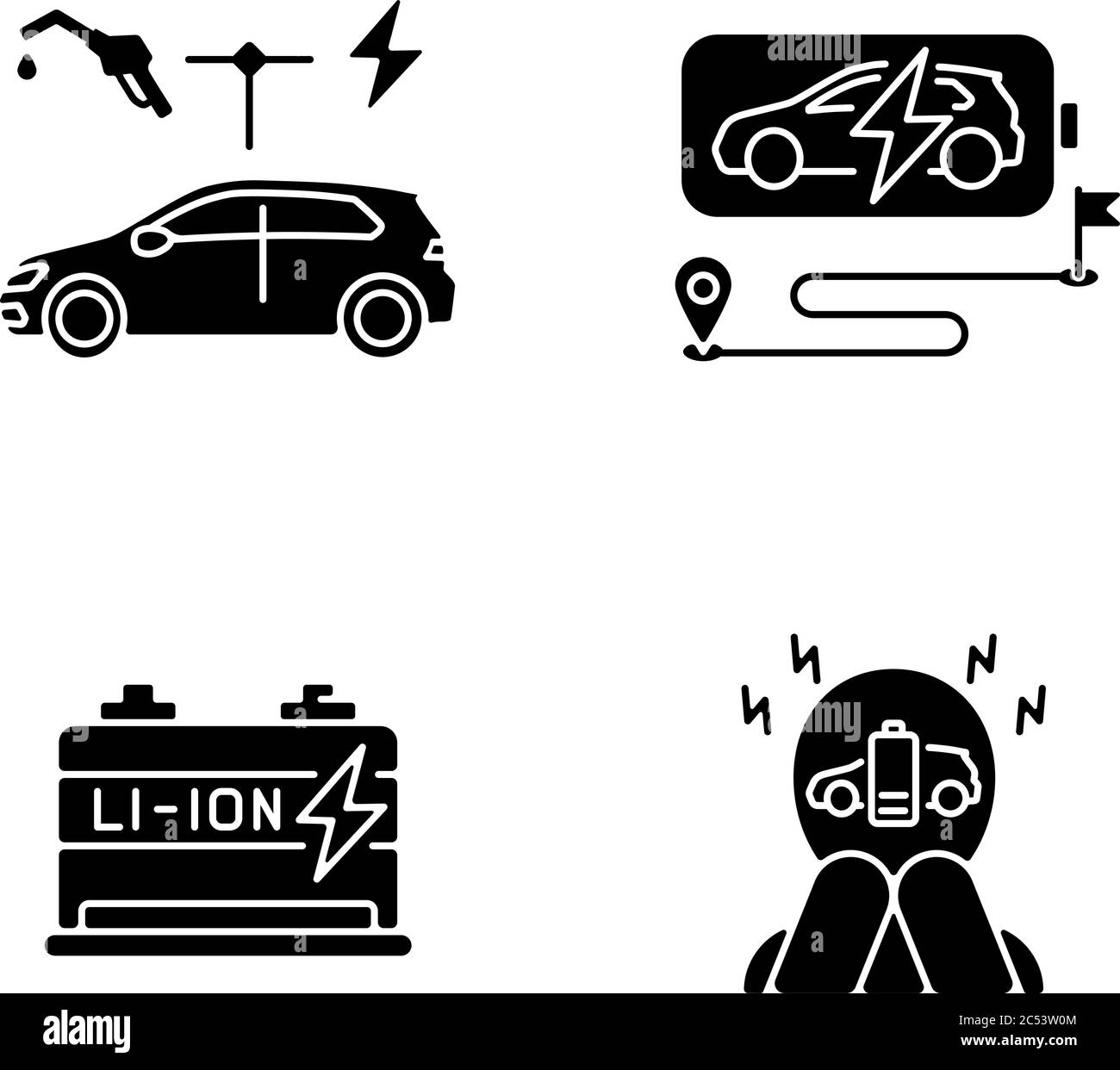 Electric vehicles travel black glyph icons set on white space Stock ...