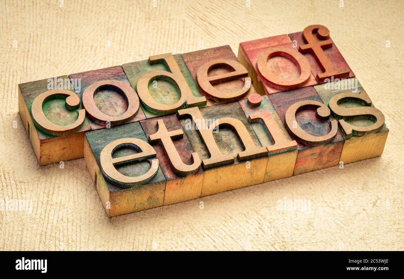 code of ethics word abstract in letterpress wood type printing blocks ...