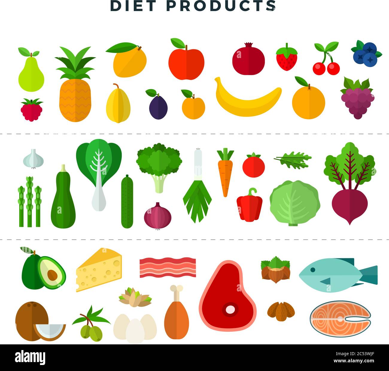 Set of various dietary food, isolated on white background. Vector ...