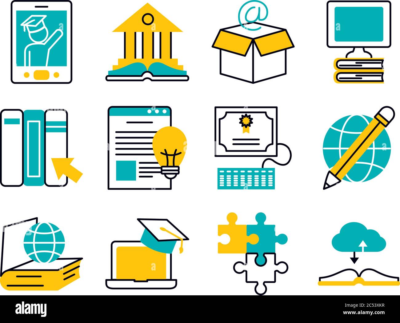 computers and education online icon set over white background, half ...