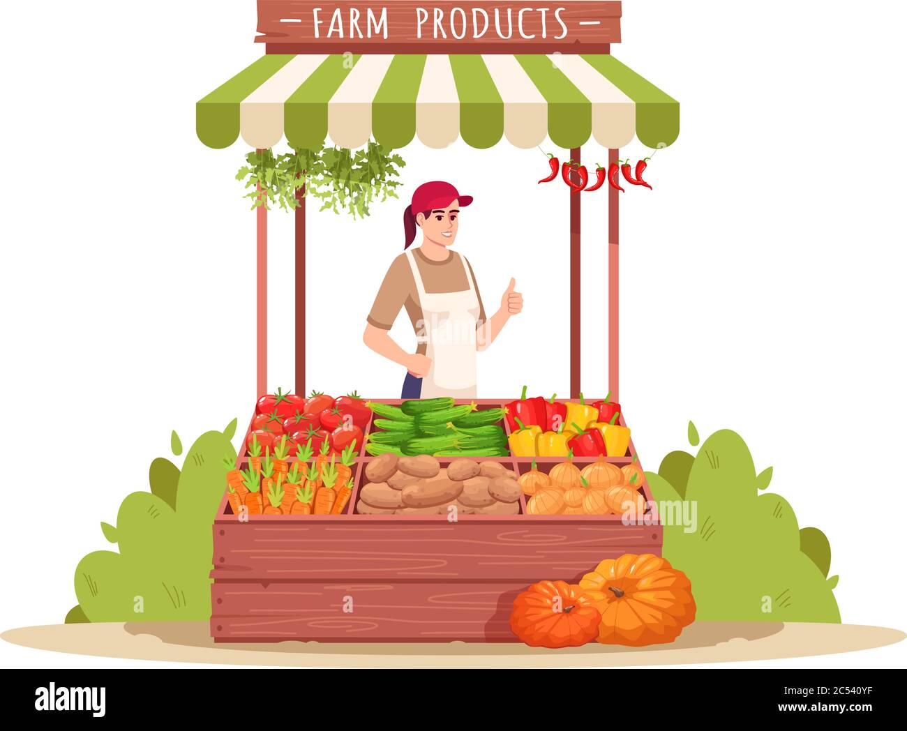 Female farmer sell products semi flat RGB color vector illustration ...