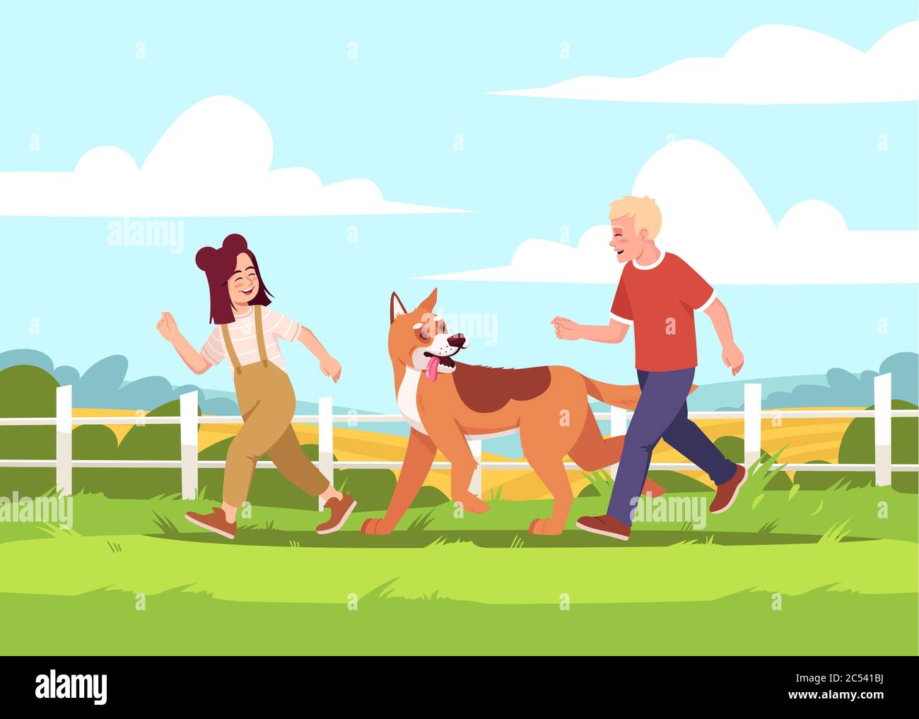 Children run with shepherd dog semi flat vector illustration Stock ...