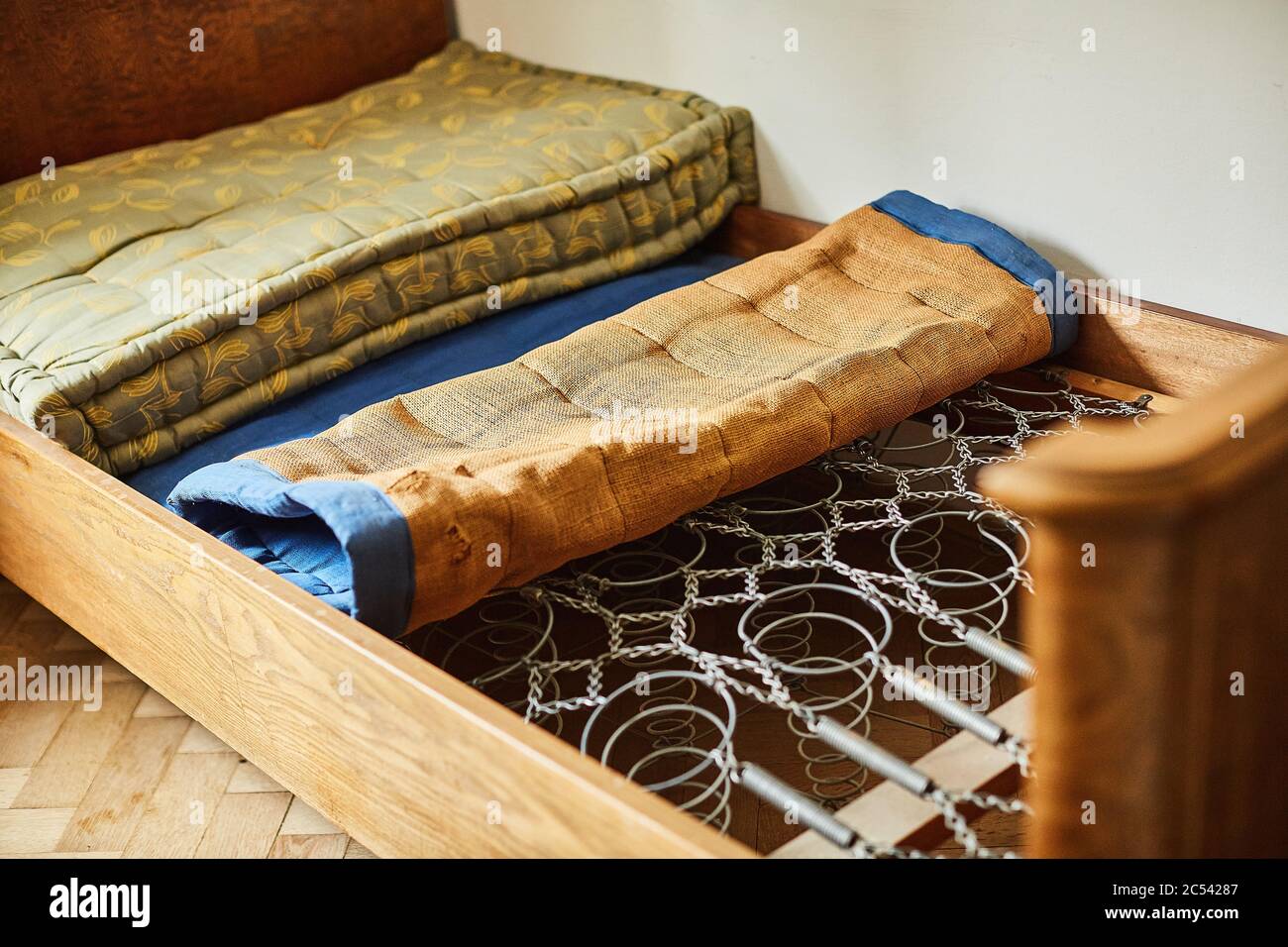 historic bed, cross section, steel spring grate, support, mattress ...